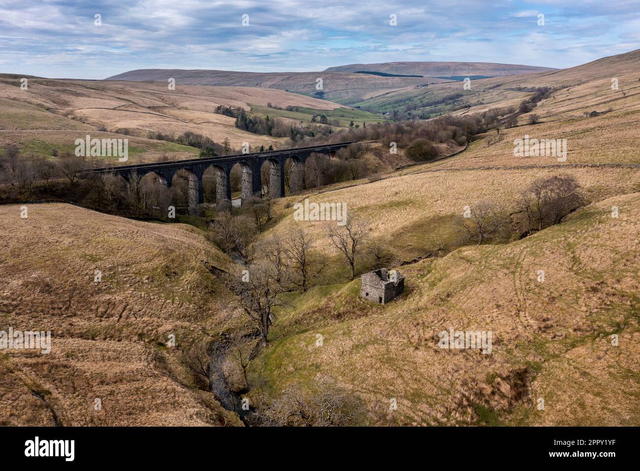elevated view of dent head viaduct and ruined stone barn on settle to ...