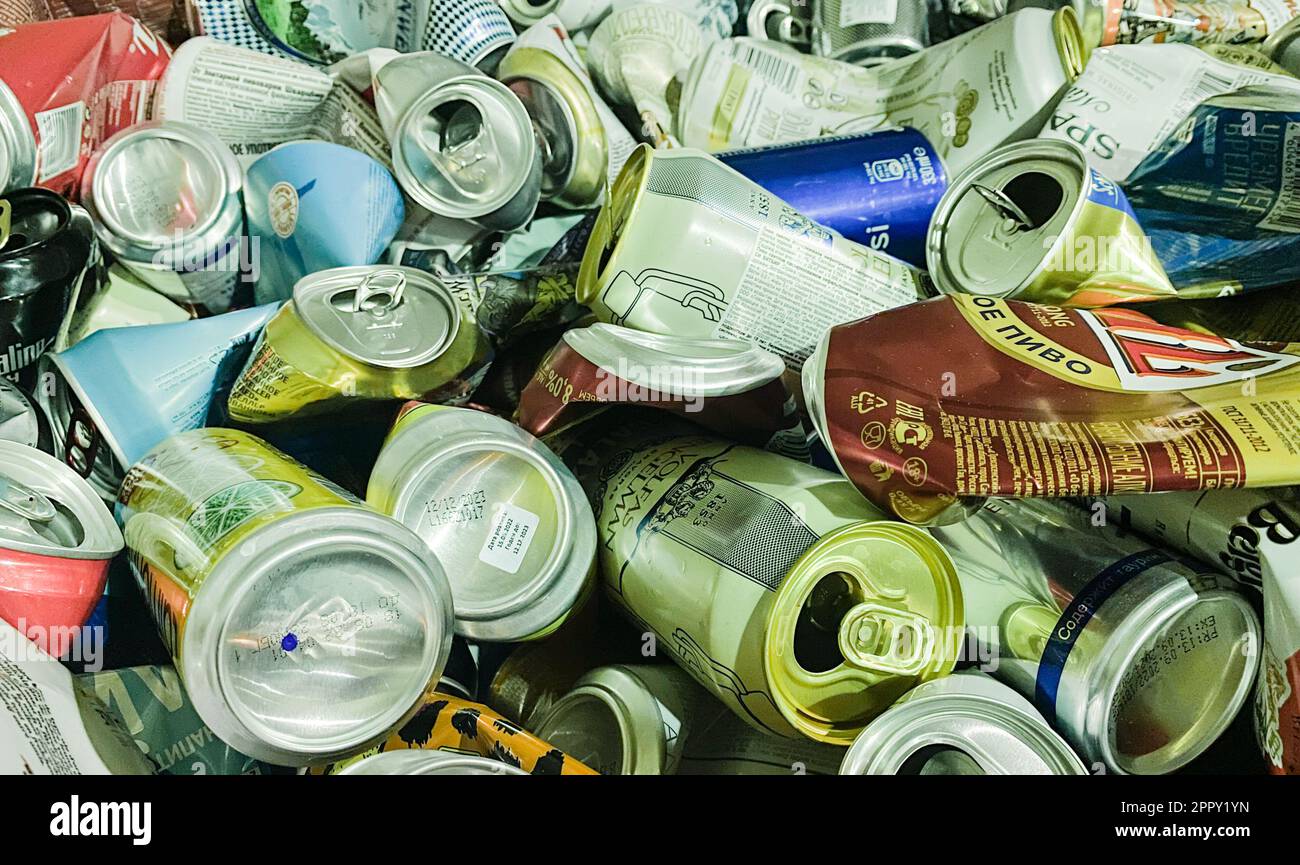 Moscow, Russia, November 2022: Flattened and crushed empty beer cans ...