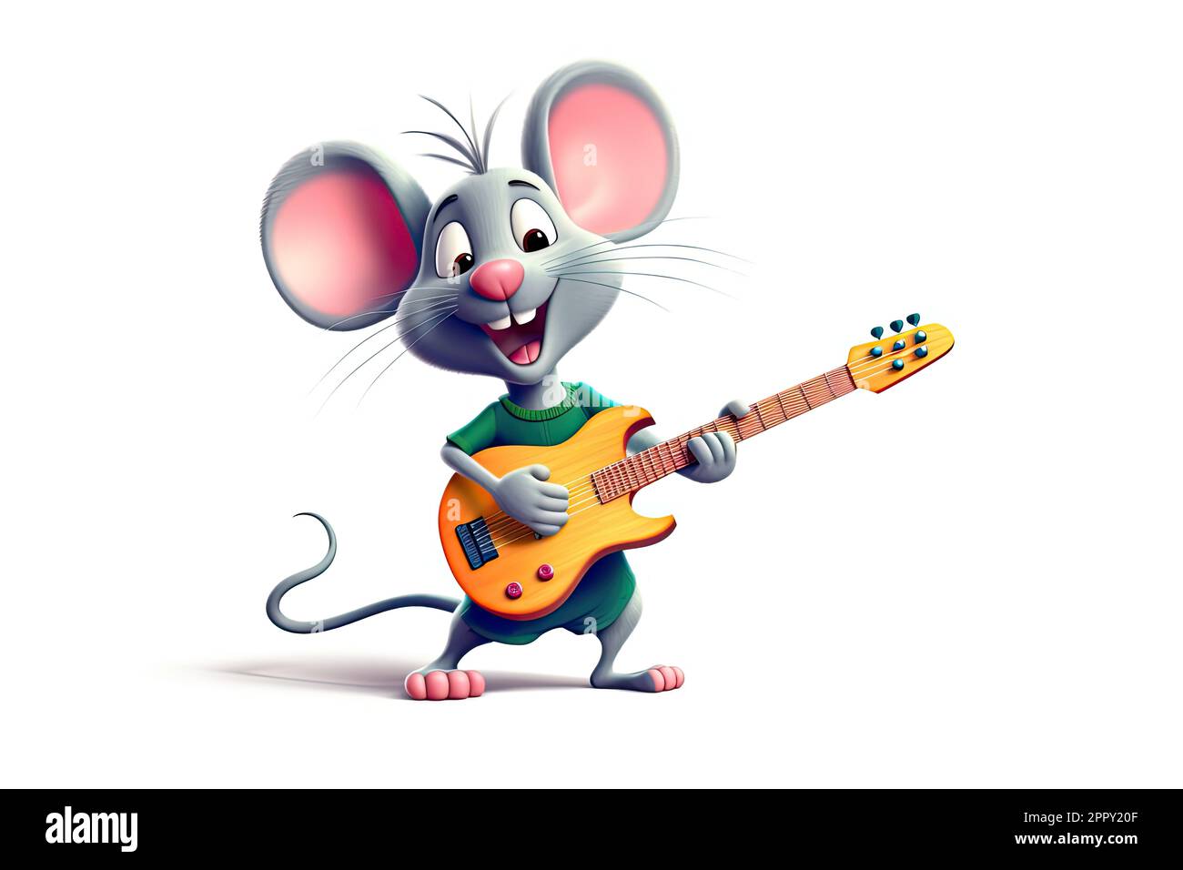 Mouse playing electric guitar and smiling with copy space on a white ...