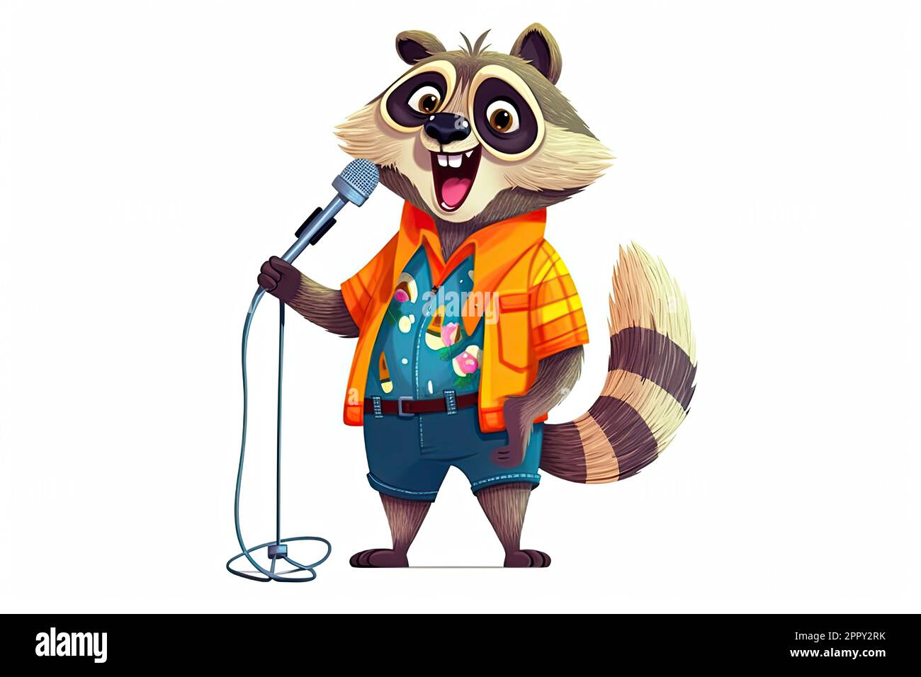 Funny raccoon in colorful shirt singing song with microphone isolated ...