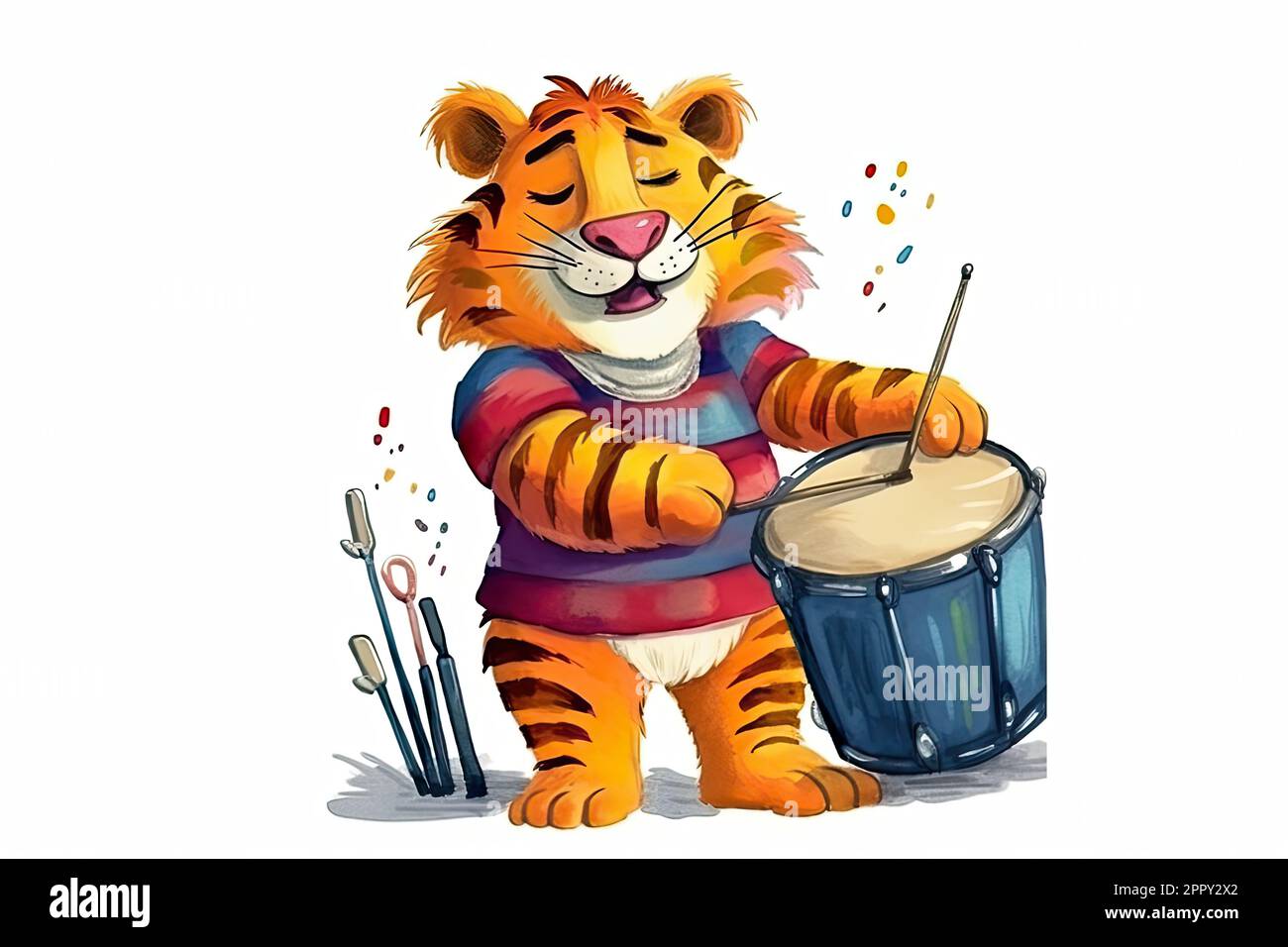 Full dressed tiger in colorful dress playing drum and smiling isolated ...