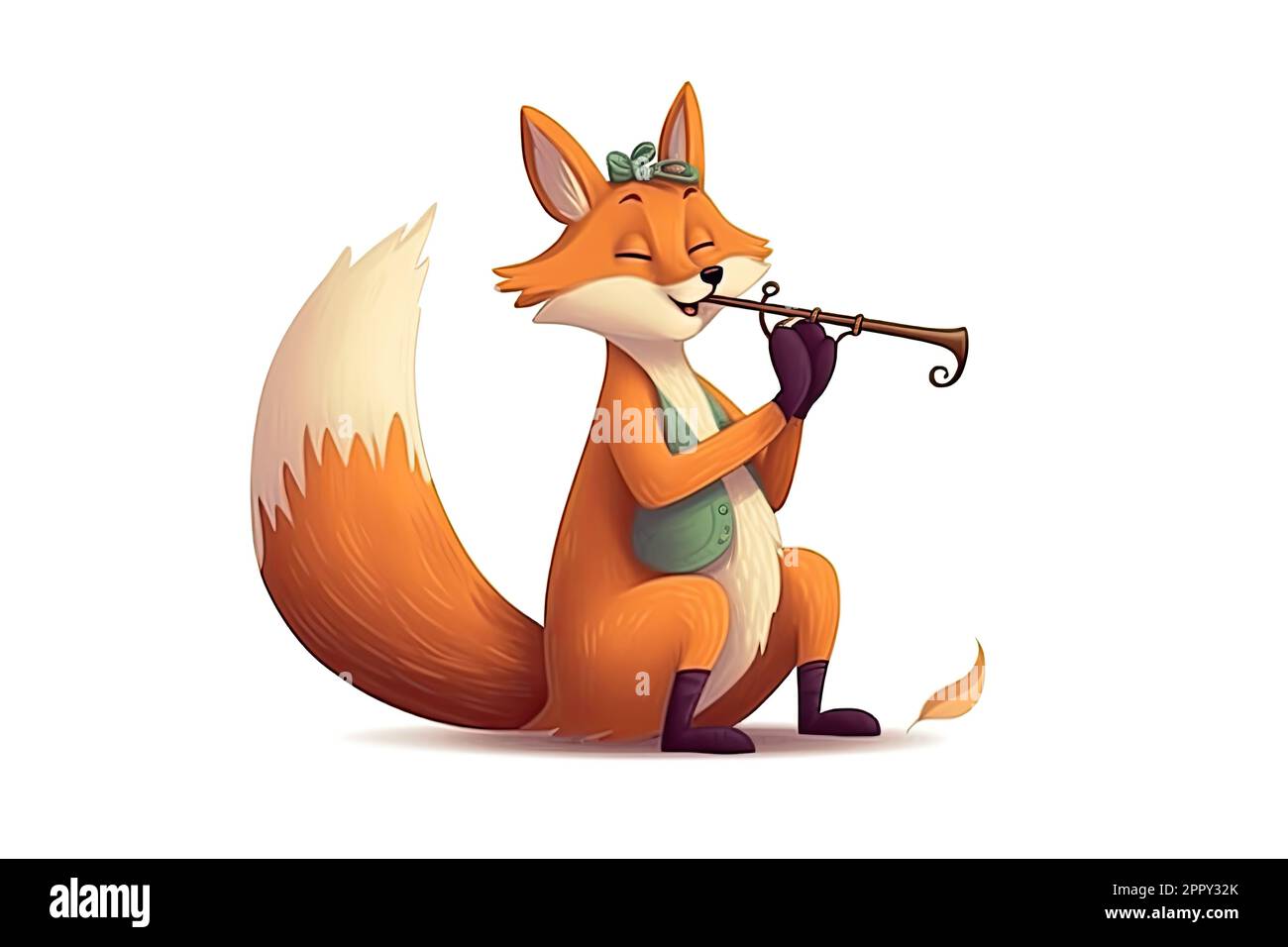 Full dressed fox standing on its legs and playing on flute, isolated on ...