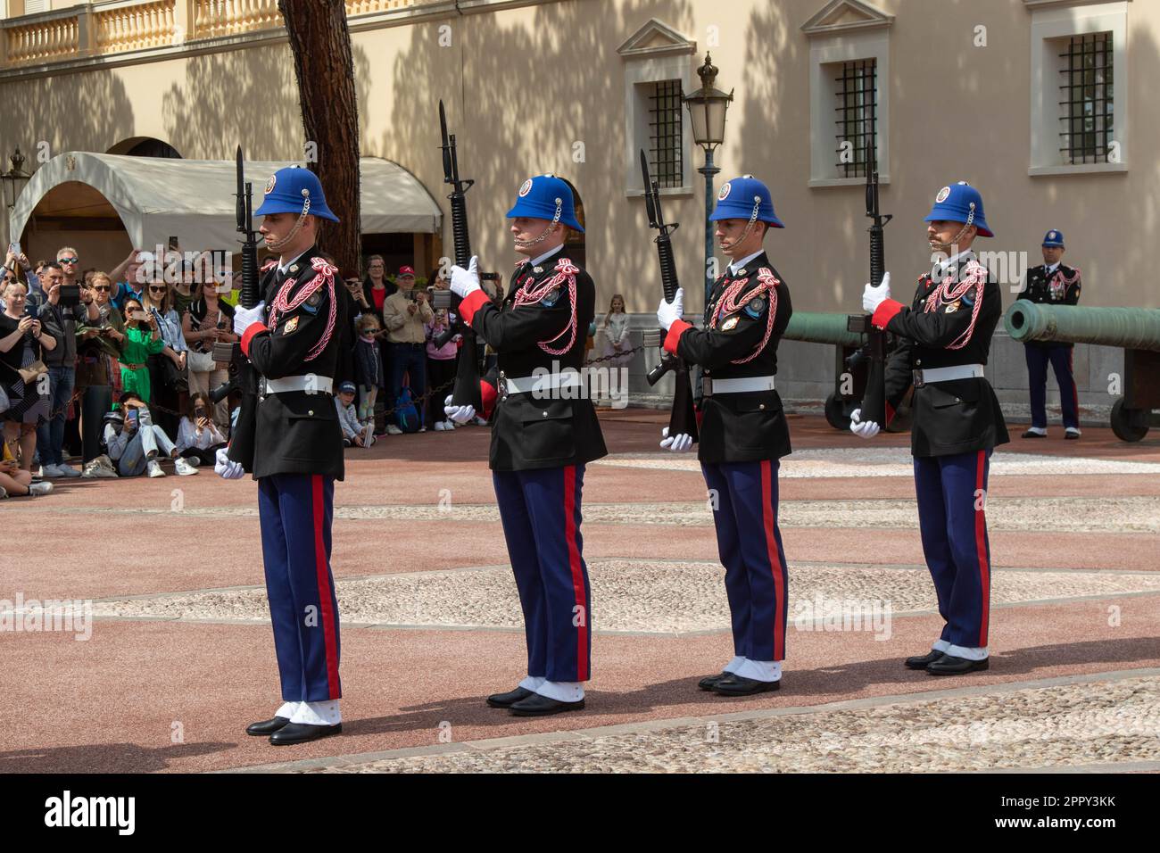 Monte-Ville, Monaco, April 21st 2023:- Members of the Compagnie des Carabiniers du Prince during ...