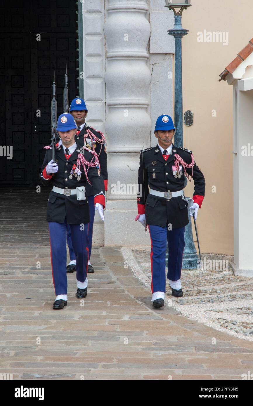 Monte-Ville, Monaco, April 21st 2023:- Members of the Compagnie des Carabiniers du Prince during ...