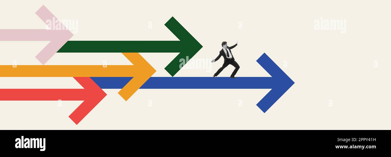 Ambitious and motivated young man, employee balancing on arrows ...