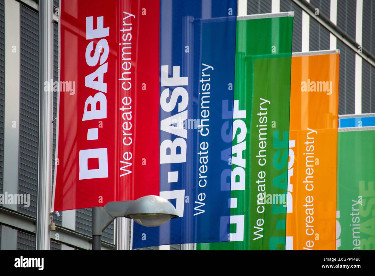 BASF flags in Ludwigshafen am Rhein (Ludwigshafen, Germany, April 25 ...