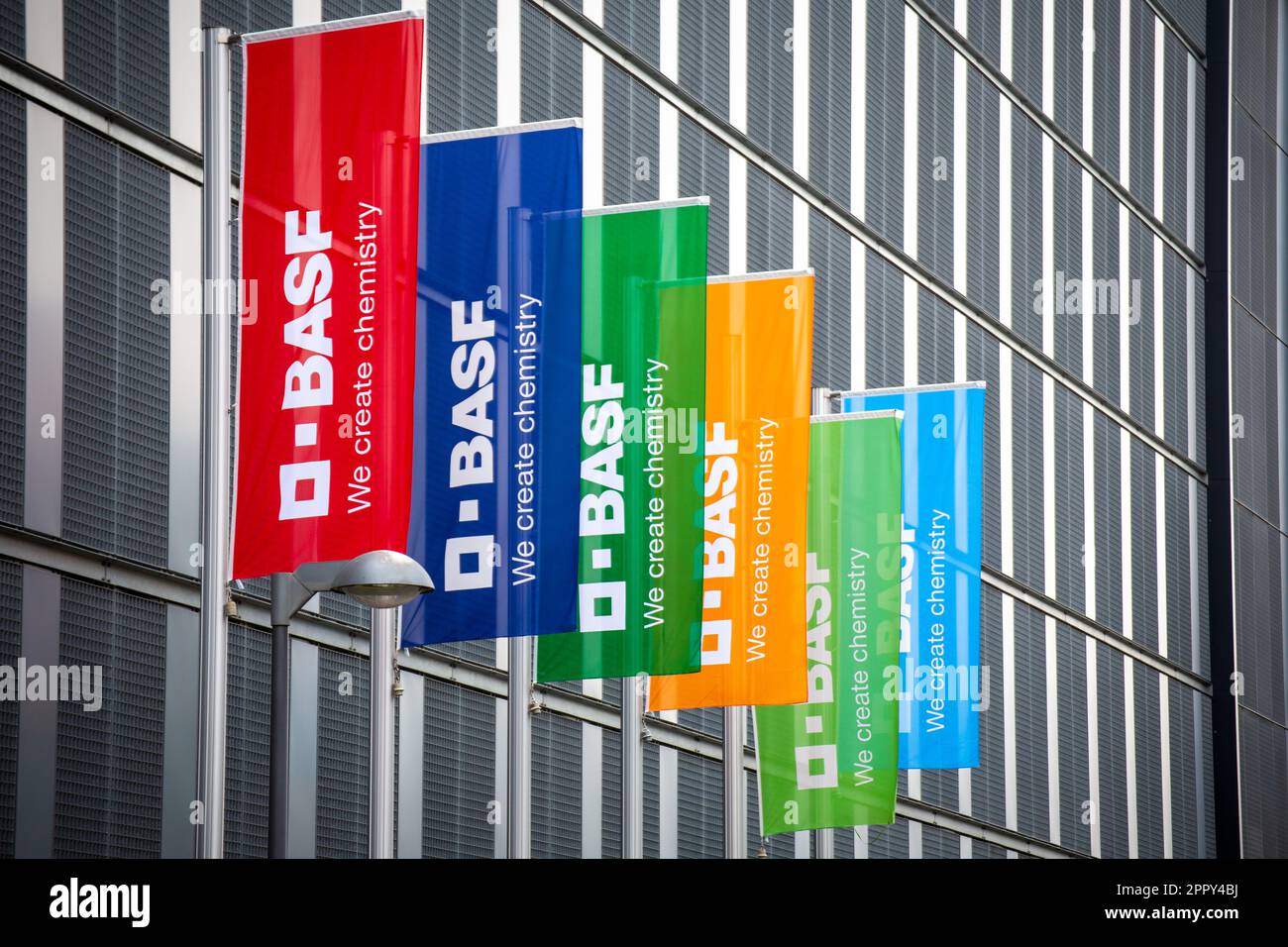 BASF flags in Ludwigshafen am Rhein (Ludwigshafen, Germany, April 25 ...