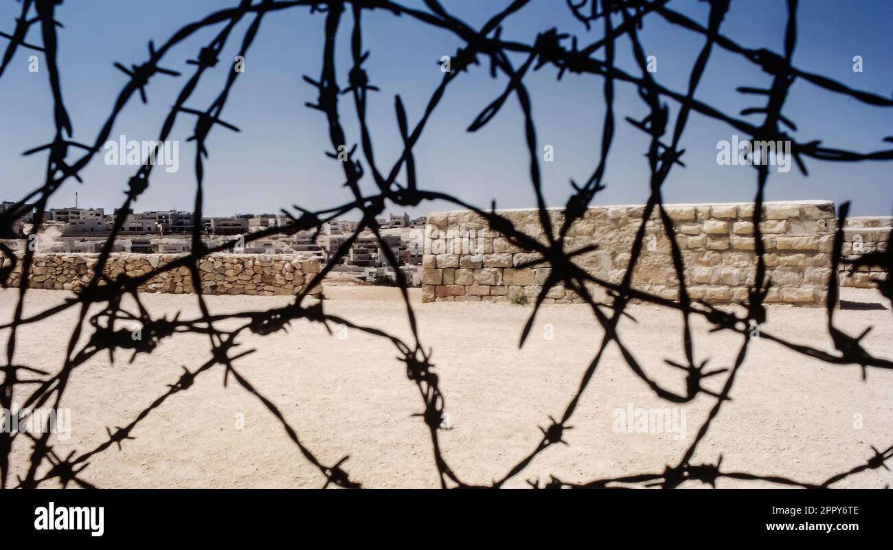 Barbed wire framing walls and defences on Ammunition Hill - Jerusalem ...