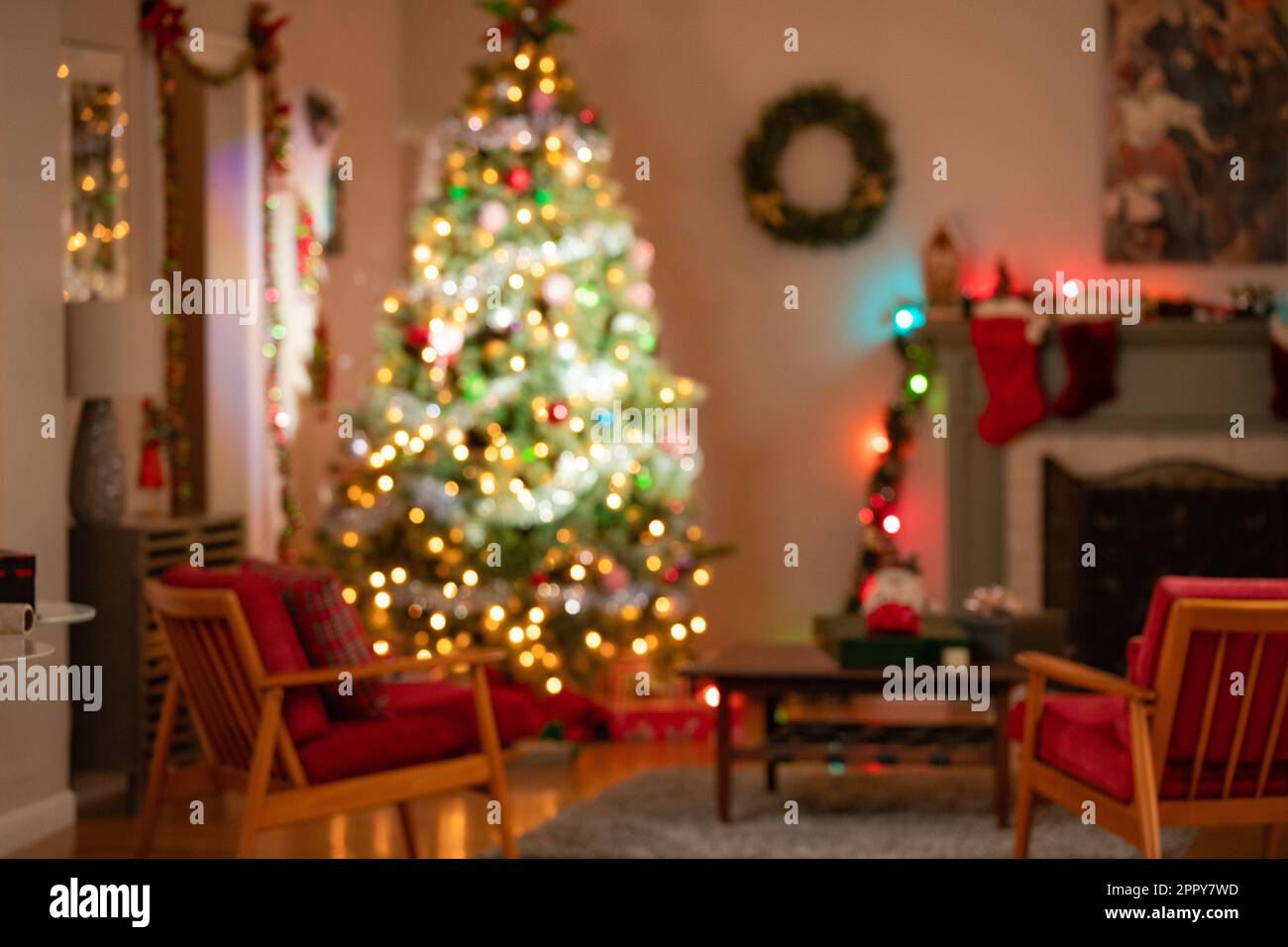 Out of focus Christmas scene in a living room. Backplate Stock Photo ...