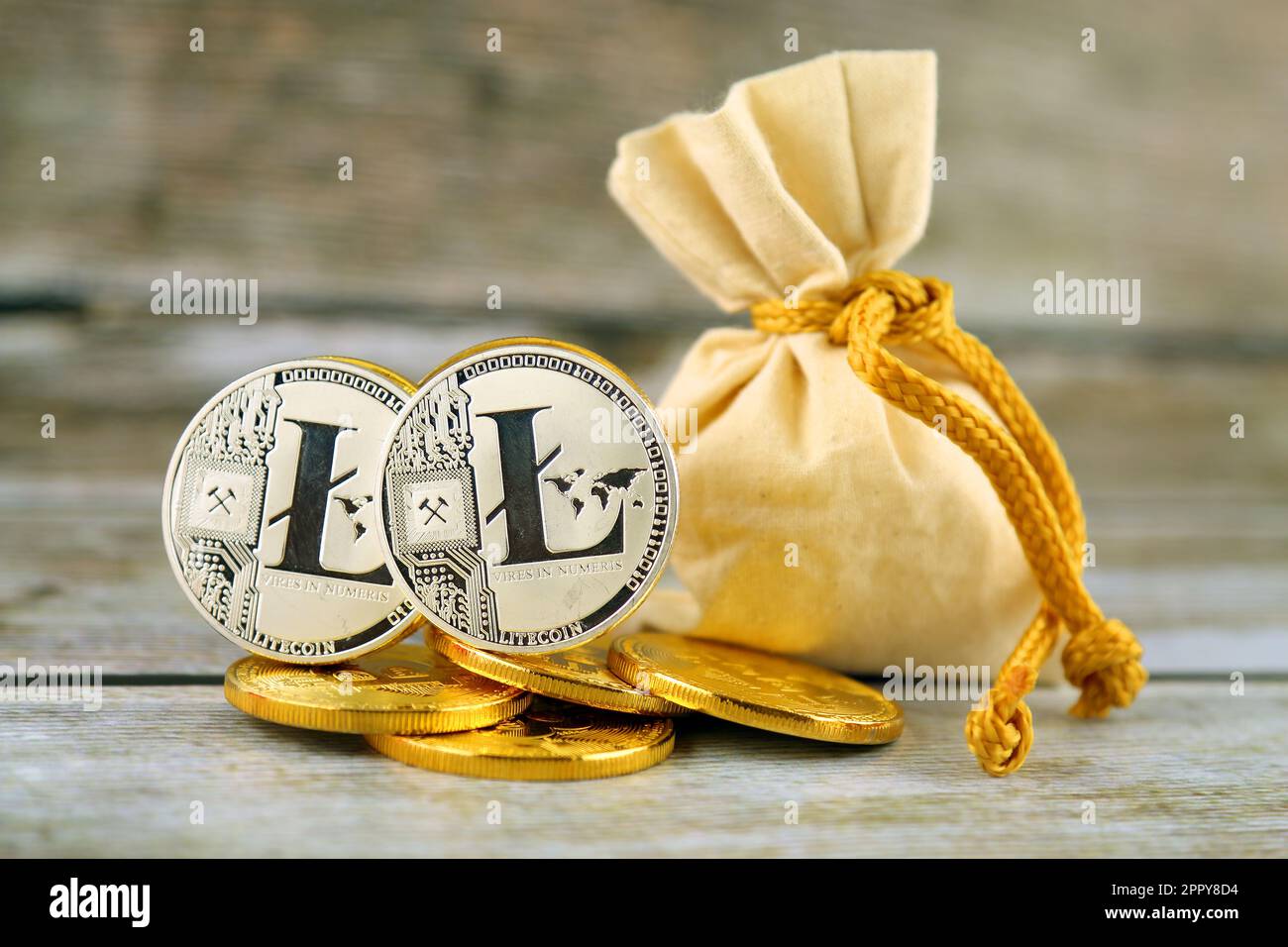 Physical version of Litecoin, new virtual money. Conceptual image for ...