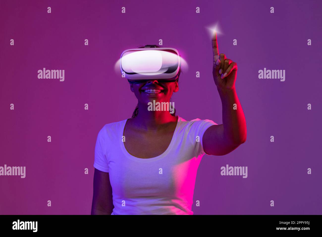 Modern Technologies. Portrait Of Black Female Wearing Glowing VR ...