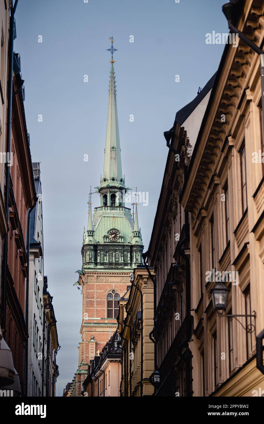 The beautiful old town architecture with the German Church tower. Gamla ...