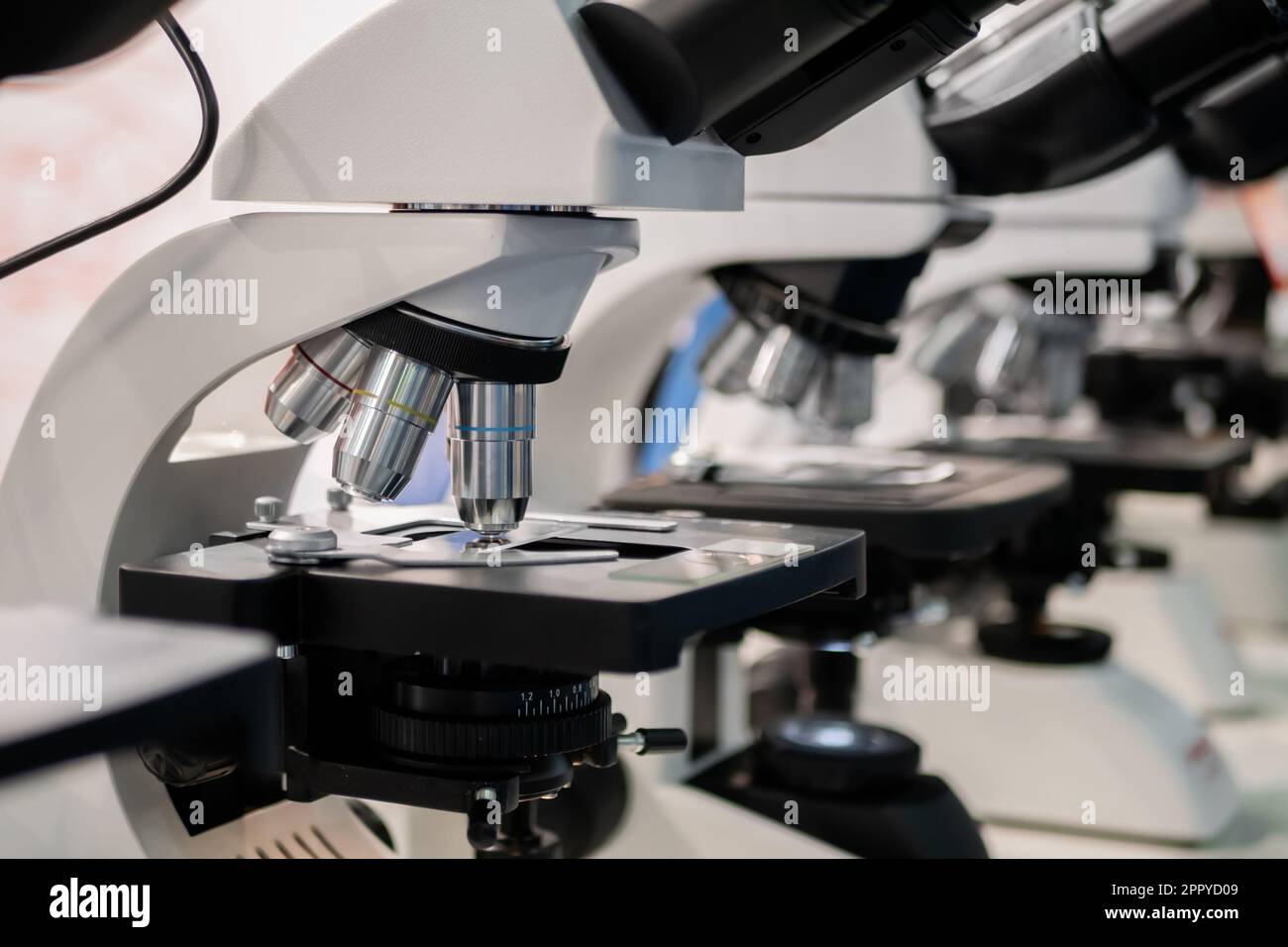 Professional microscopes at technology exhibition, trade show Stock ...