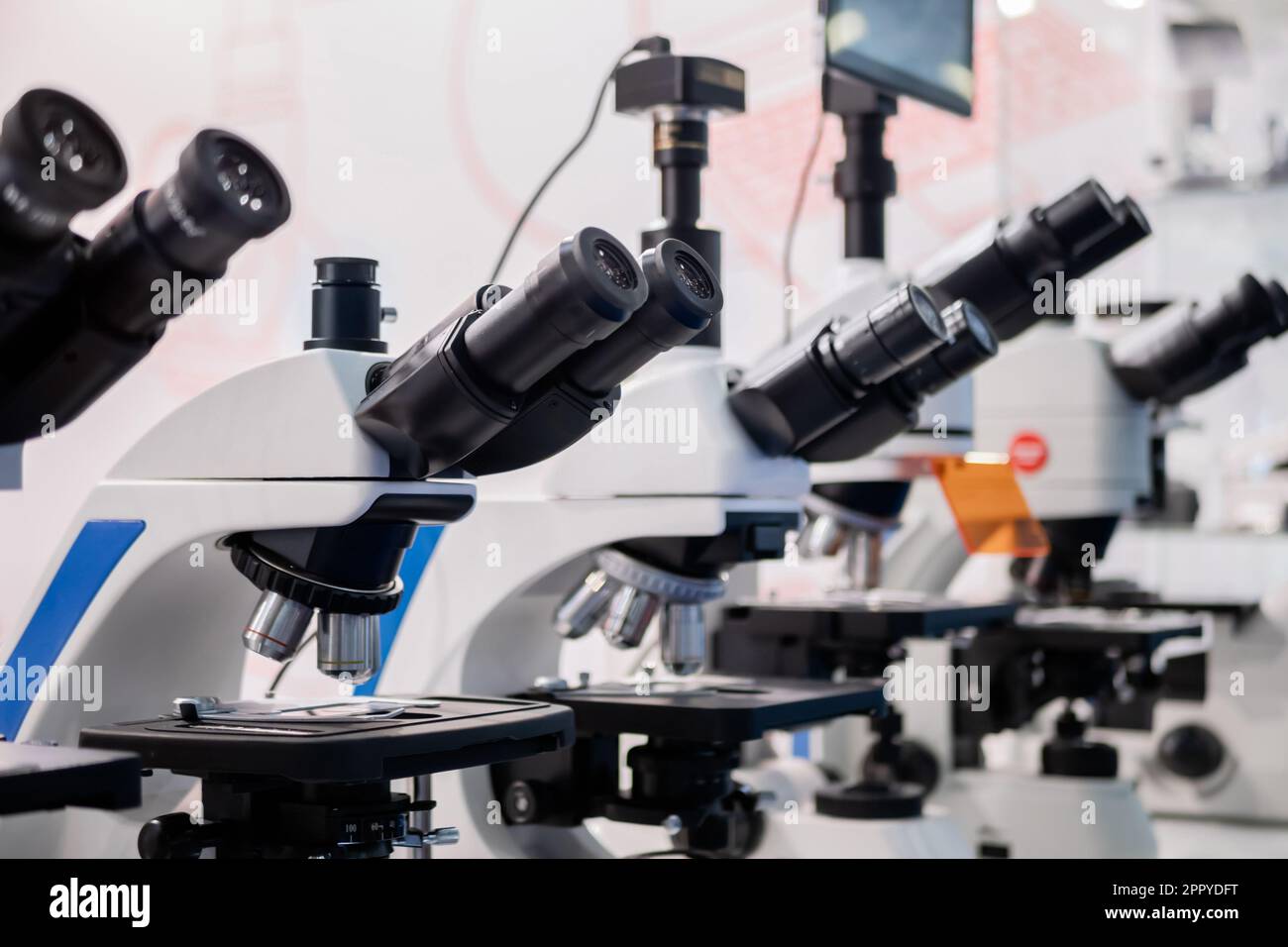 Professional microscopes at technology exhibition, trade show Stock ...