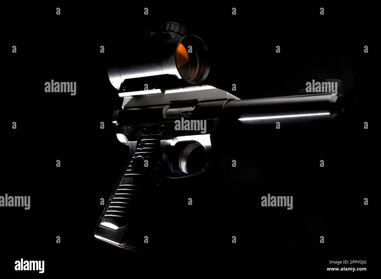 Automatic pistol with laser sight isolated on black Stock Photo - Alamy