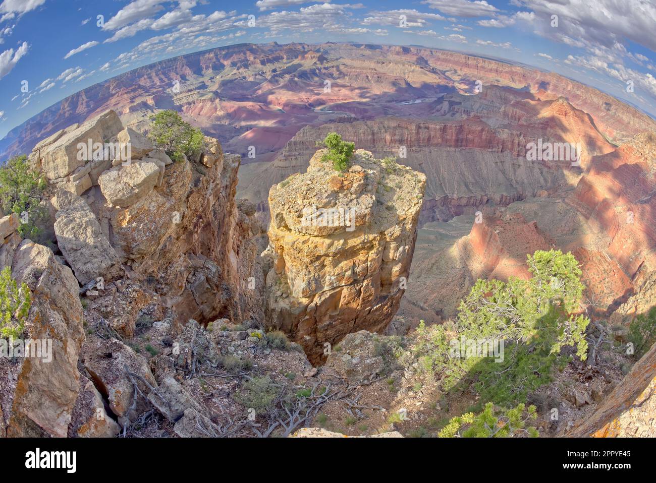 Fisheye view of a rock pillar at Pinal Point Grand Canyon Arizona. The ...