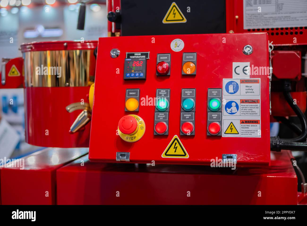 Control panel with push buttons and switches of red coffee roasting ...