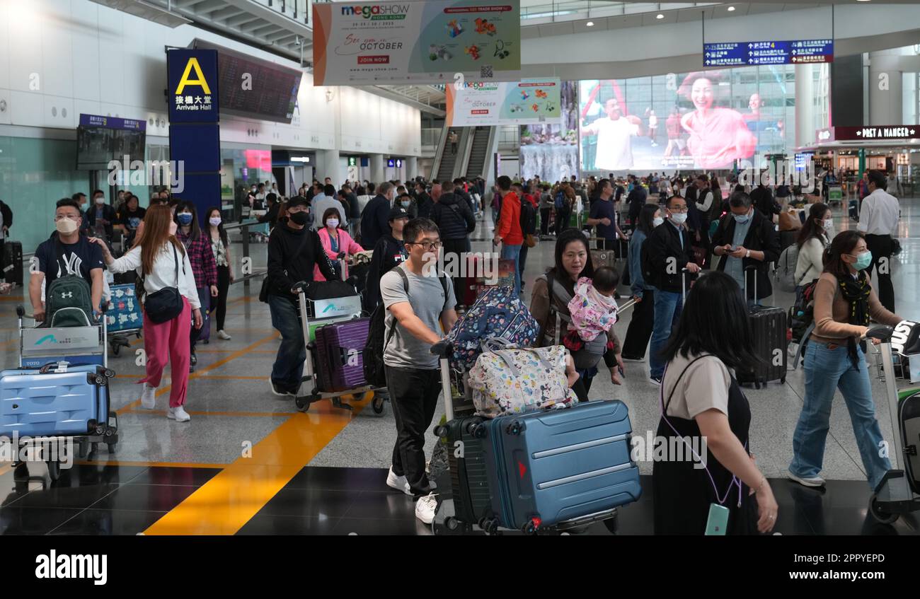People arrives at the arrival hall of Hong Kong International Airport at Chek Lap Kok. 10APR23 ...