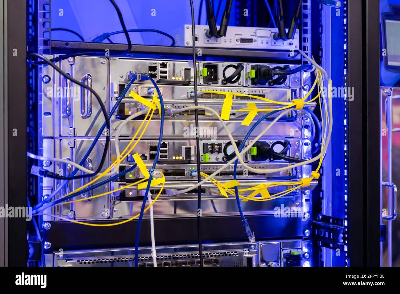 Telecommunication technology equipment - fiber optic cables and switch ...