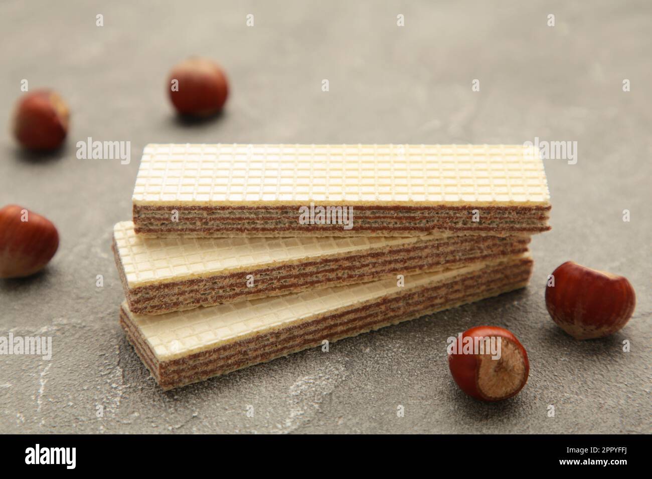Wafers, cookies and sweets concept with hazelnut, chocolate and vanilla ...
