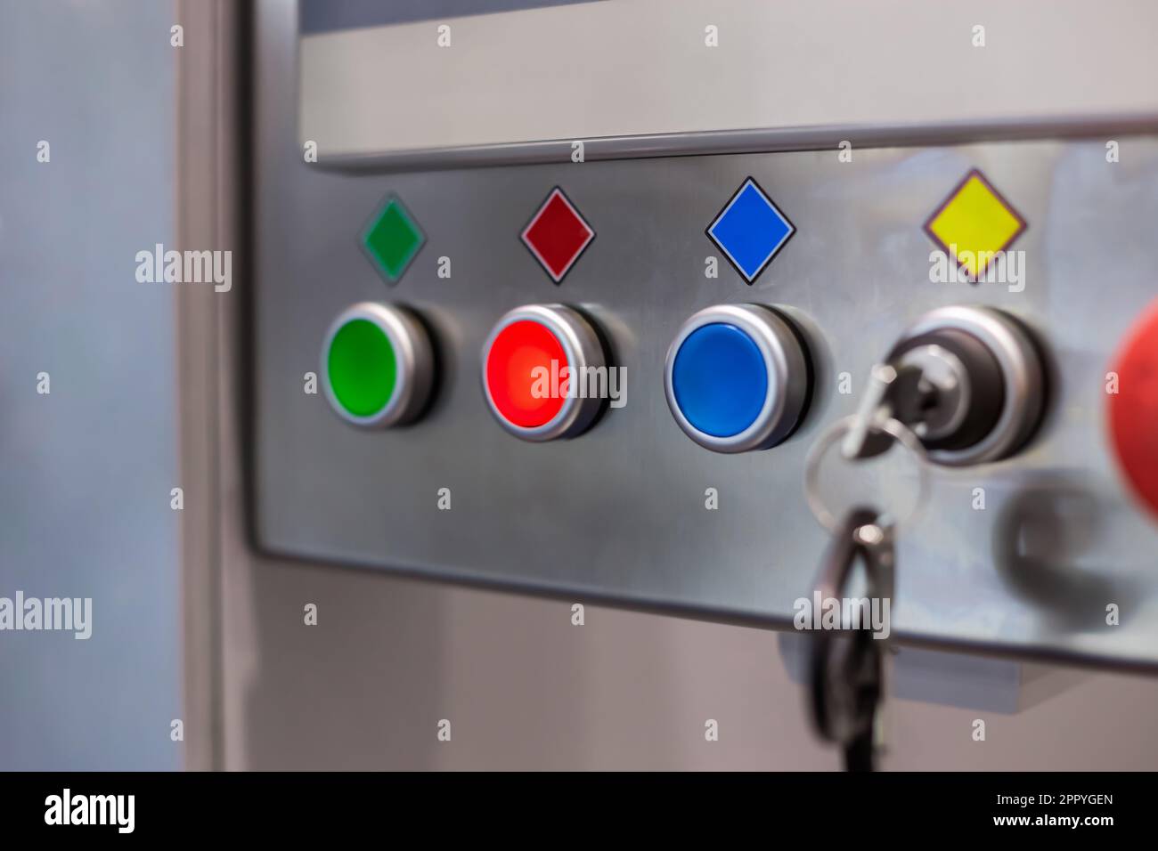 Machine control panel with push buttons and switches at factory Stock ...