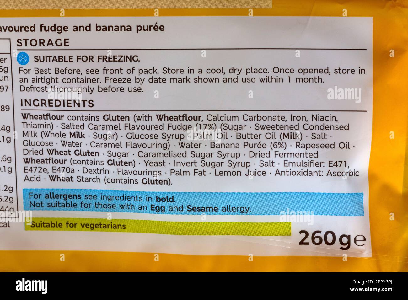 ingredients listing and storage information on back of pack of Banoffee ...