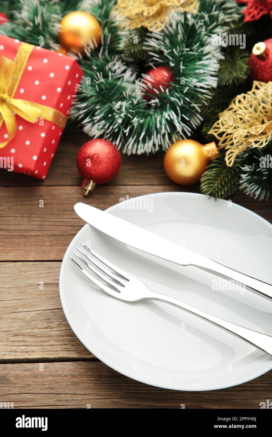 Christmas dinner background with decorations. View from above. Vertical ...