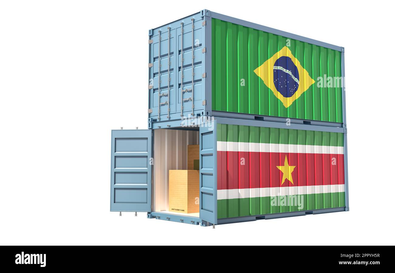 Cargo containers with Suriname and Brazil national flags. 3D Rendering ...