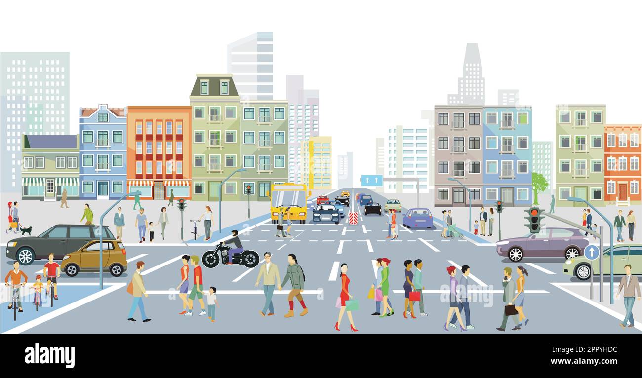 City with road traffic, skyscrapers, apartment buildings and ...