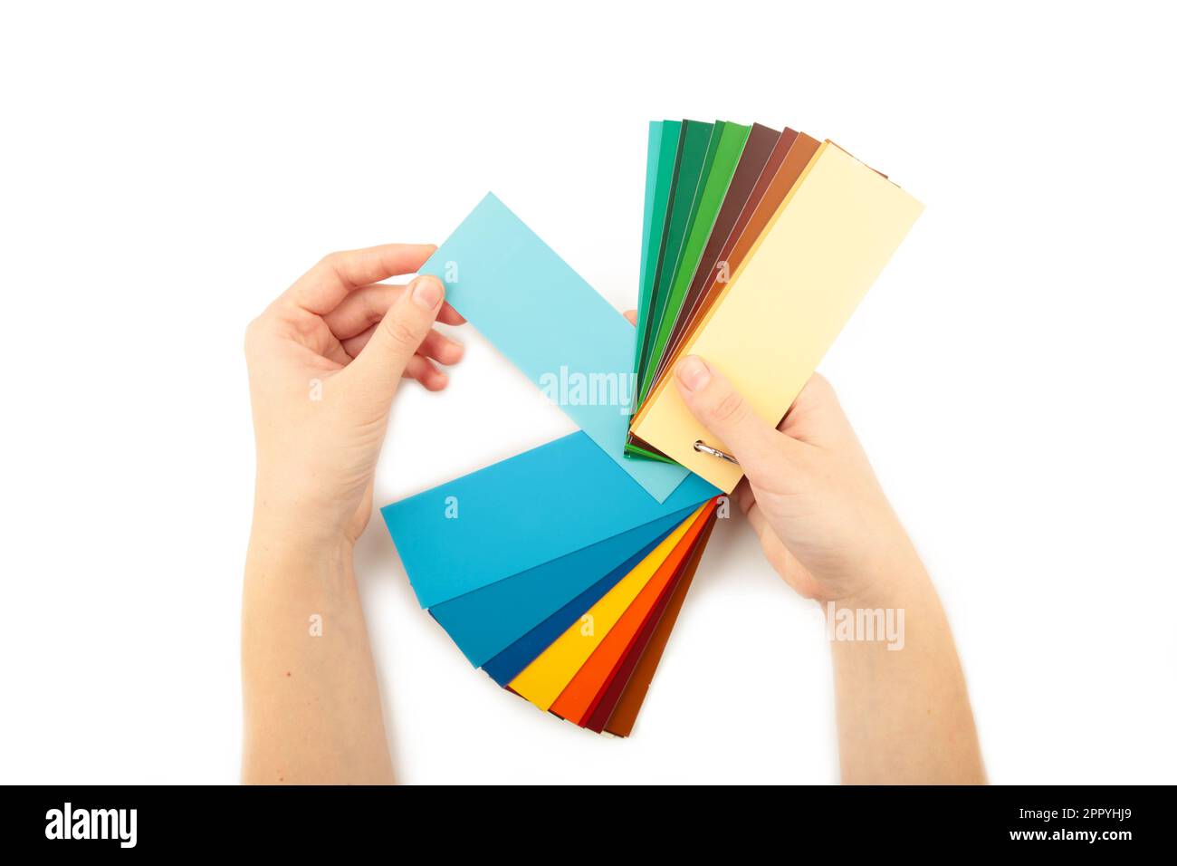 Colors range palette on hand isolated on white background. Top view ...