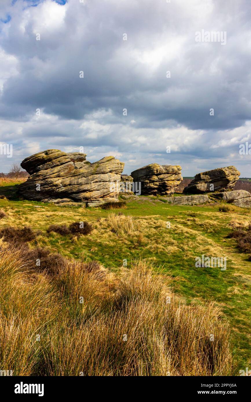 The Three Ships rock formation at Birchen Edge near Baslow in the Peak ...
