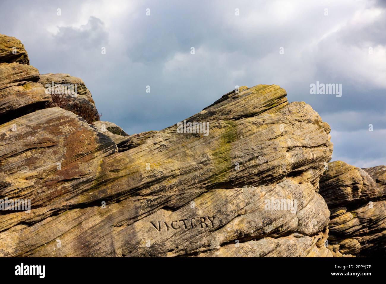 The Three Ships rock formation at Birchen Edge near Baslow in the Peak ...