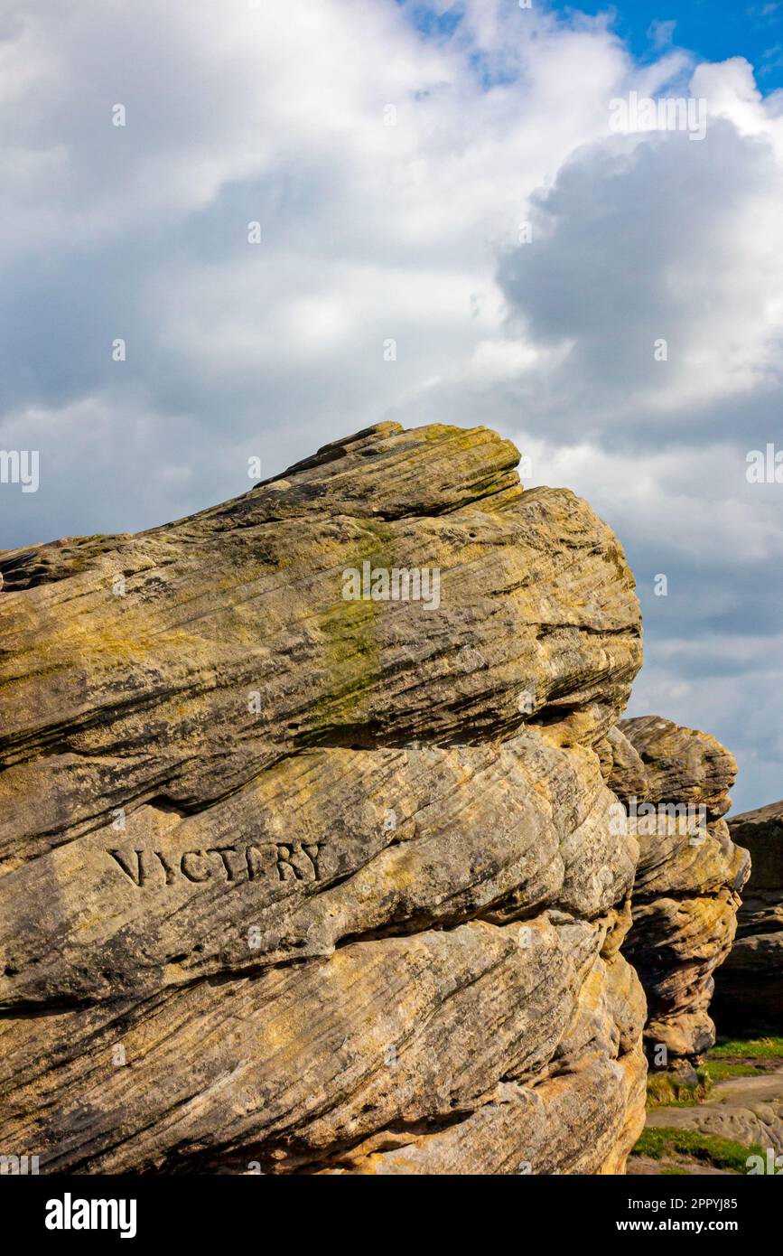 The Three Ships rock formation at Birchen Edge near Baslow in the Peak ...