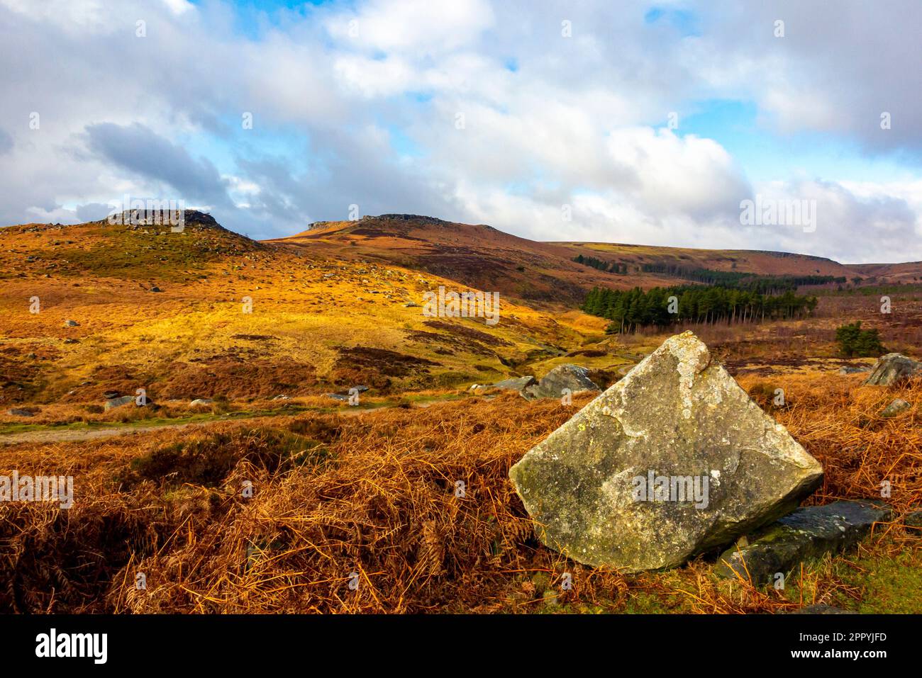 View looking up at Carl Wark an Iron Age hill fort in the Peak District ...