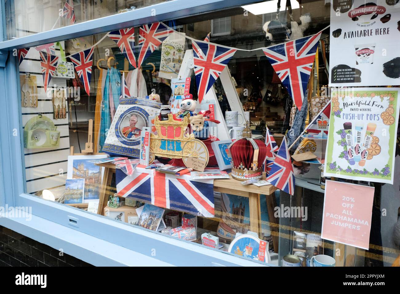 Gift shop window display for the coronation of King Charles III and ...