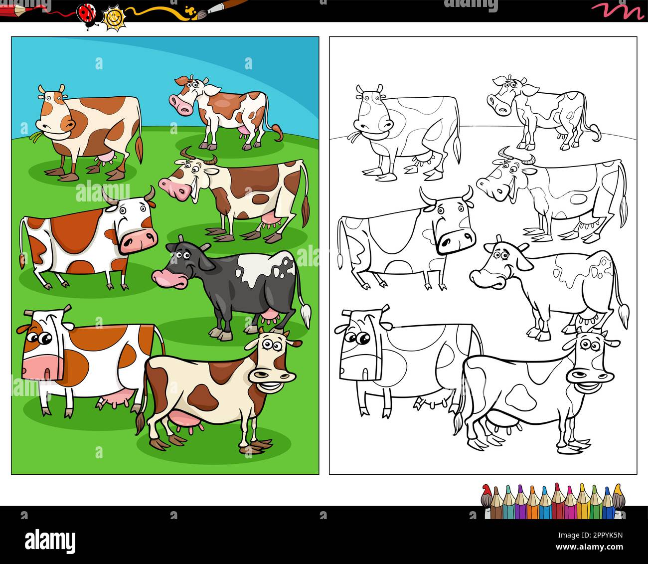 cartoon cows farm animal characters coloring page Stock Vector Image ...