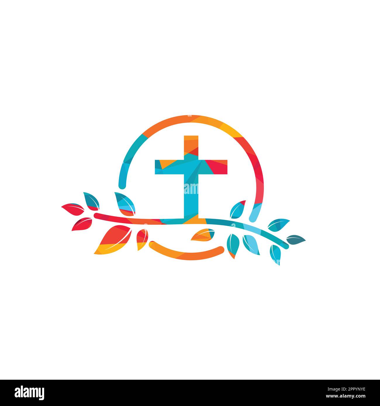 Simple Christian church cross with tree leaves vector logo design Stock ...