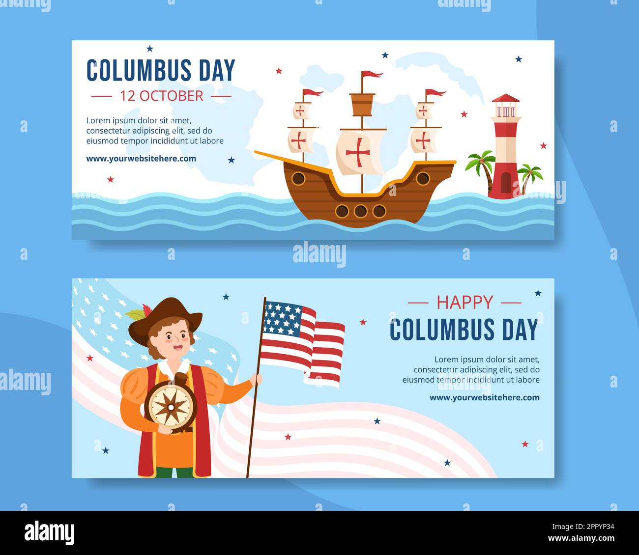 Happy Columbus Day Horizontal Banner Template Hand Drawn Cartoon Flat ...