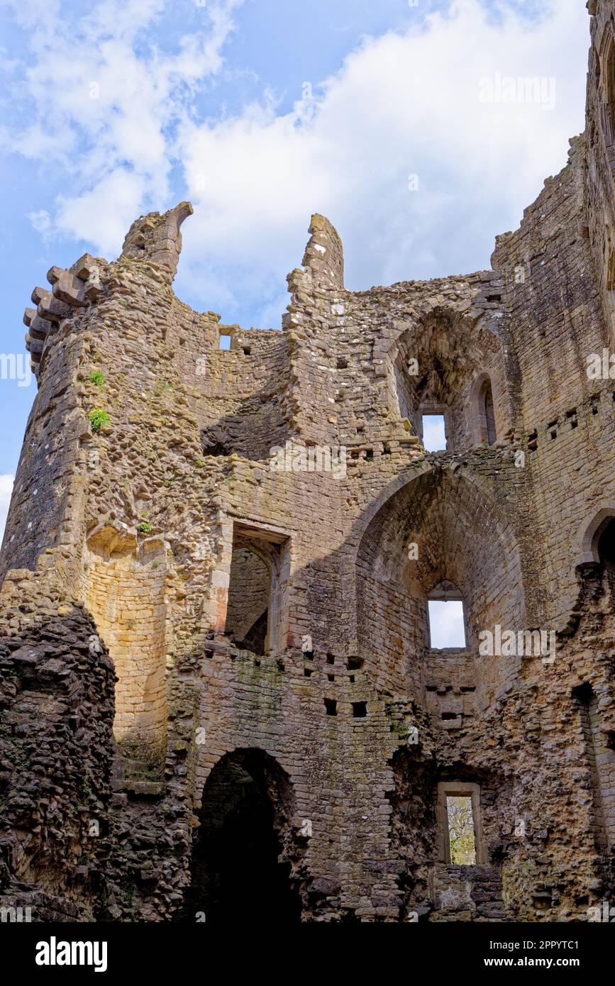 Inside walls of Nunney Castle and moat in the village of Nunney. Built ...