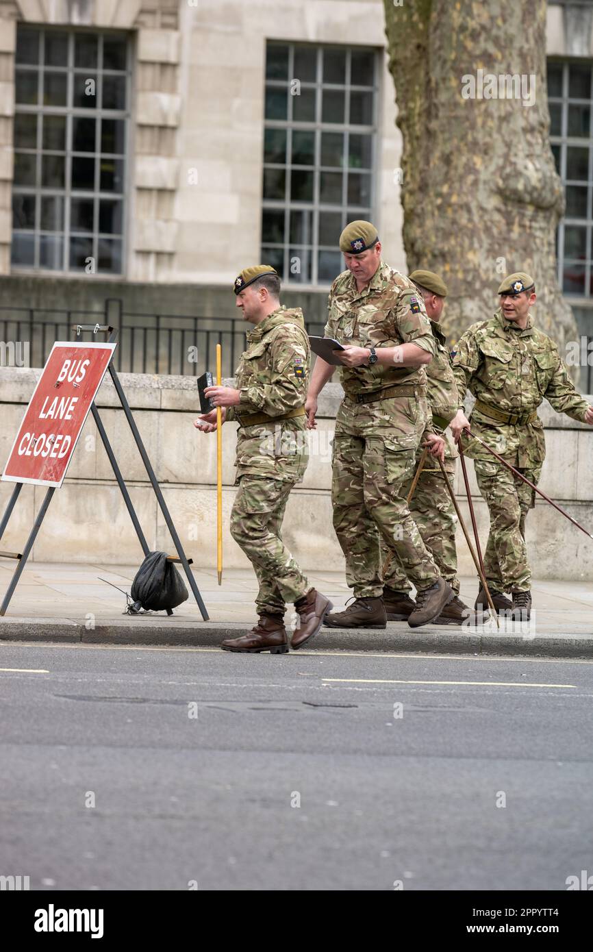 London, UK. 25th Apr, 2023. British army Soldiers in Whitehall mark out ...