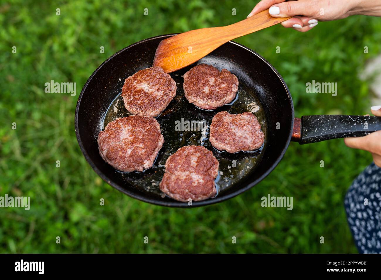 Fried patties in a pan. Rural menu. Traditional village food. Top view ...