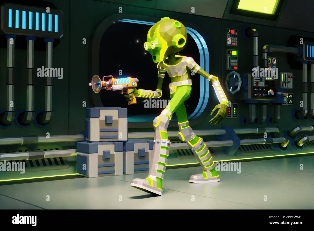 3D alien with blaster is walking down corridor of space station Stock ...