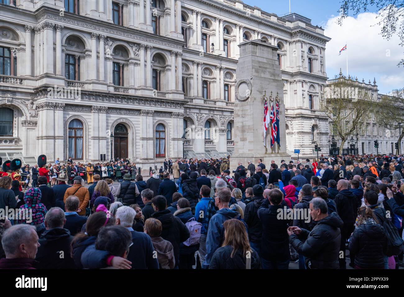 London UK. 25 April 2023. Military veterans and dignitaries attend the ...
