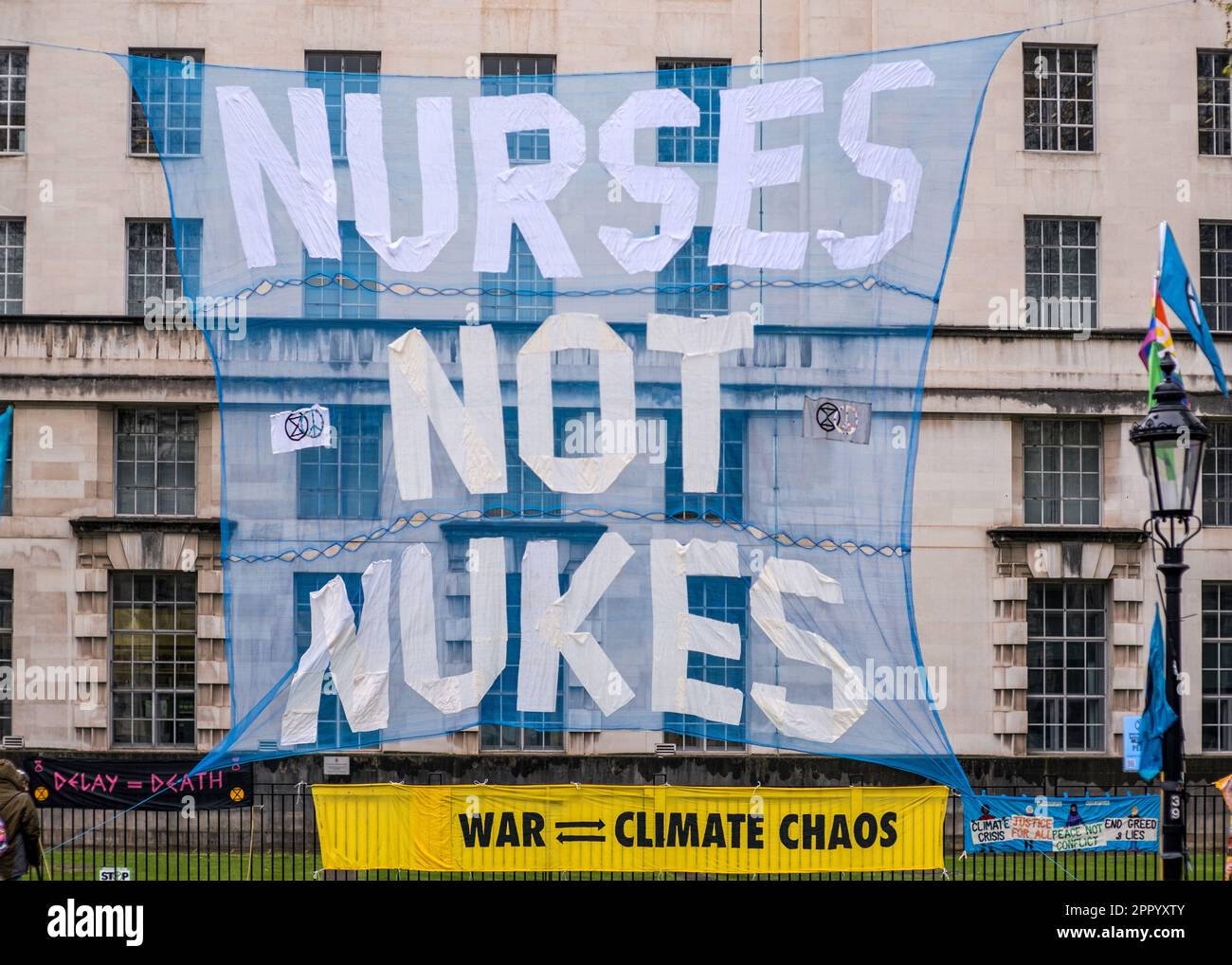 Large 'Nurses Not Nukes' protest banner outside Ministry Of Defence ...
