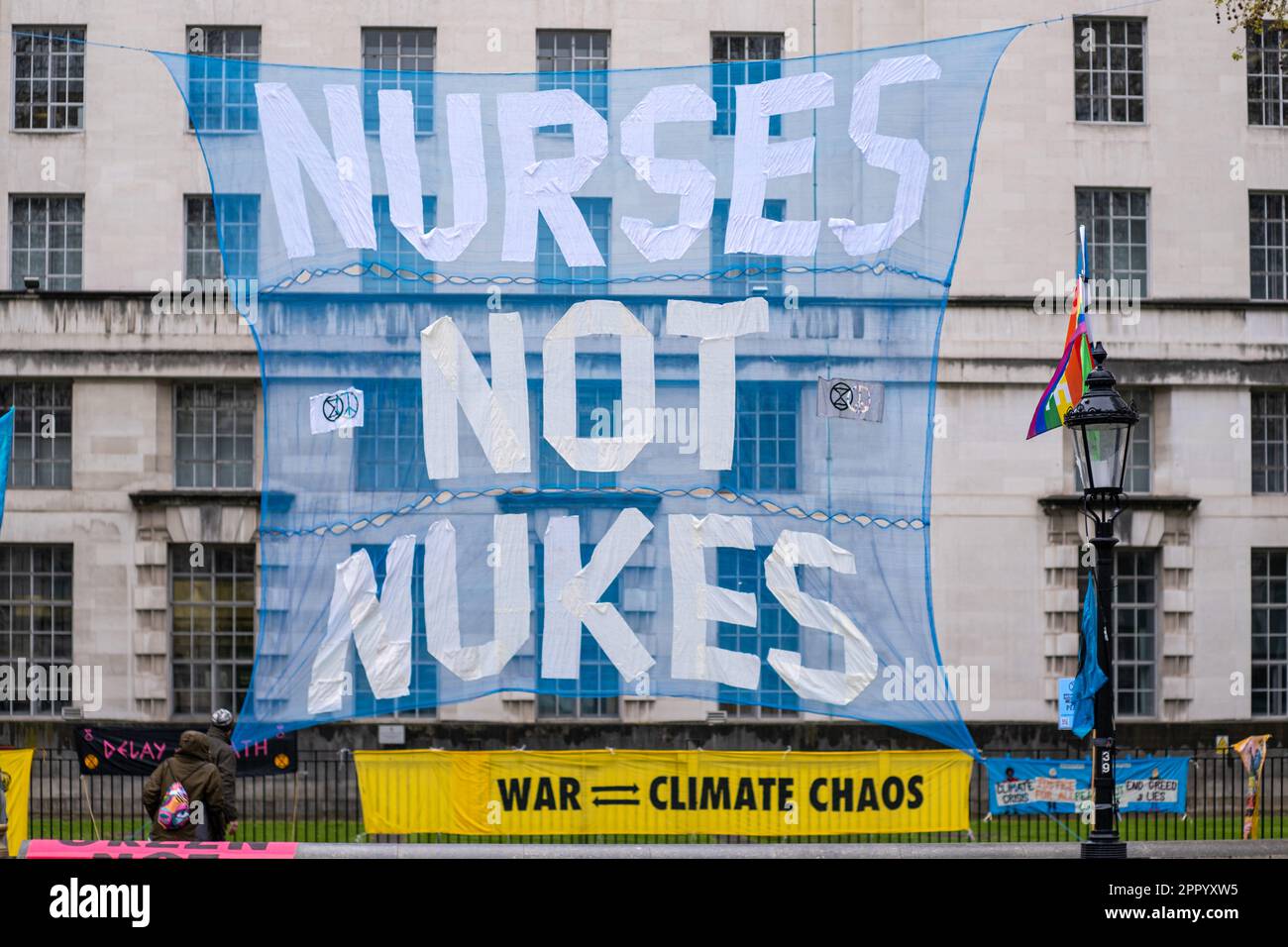 Large 'Nurses Not Nukes' protest banner outside Ministry Of Defence ...