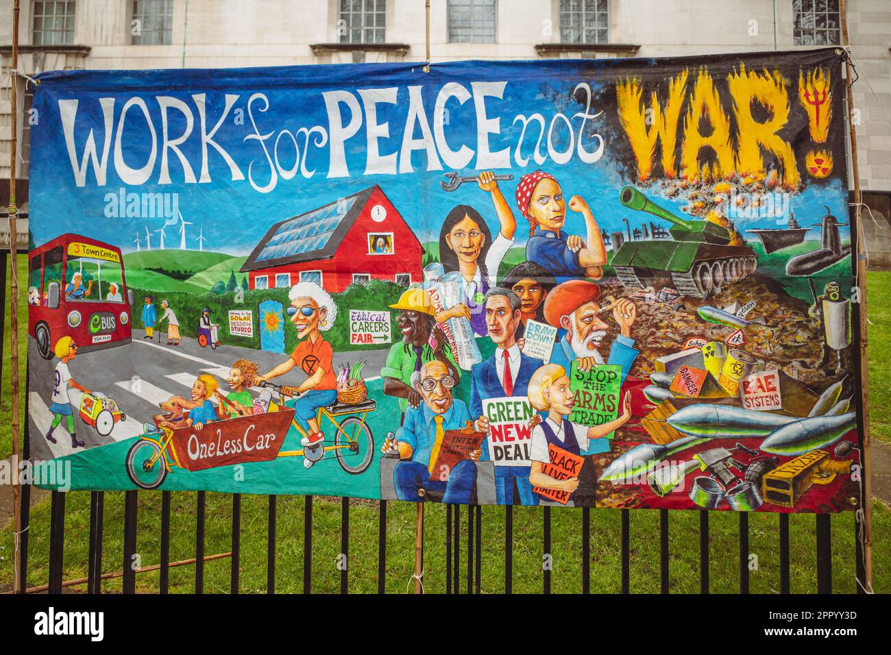 Large 'Peace' banners on fence outside Ministry of Defence building in ...