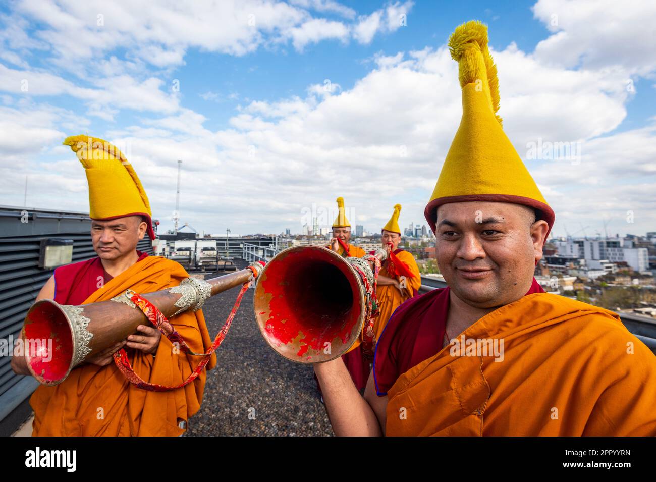 London, UK. 25 April 2023. Tibetan Buddhist monks from the Tashi Lhunpo ...