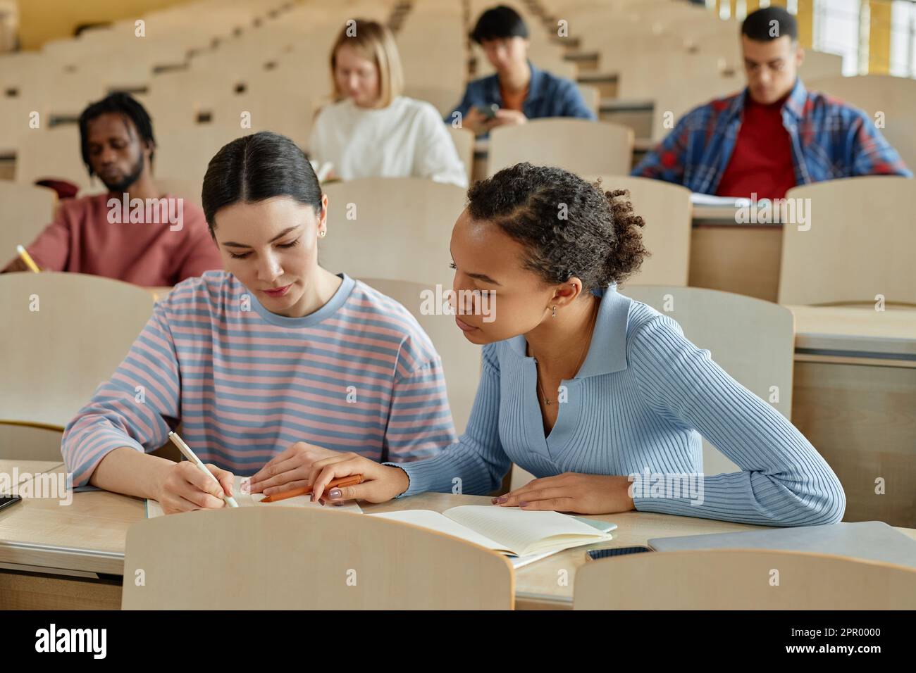 Two classmates working together in team discussing new topic during ...