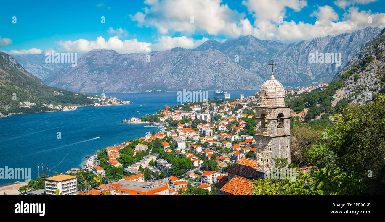 Panoramic landscape with old church in Kotor, Montenegro Stock Photo ...