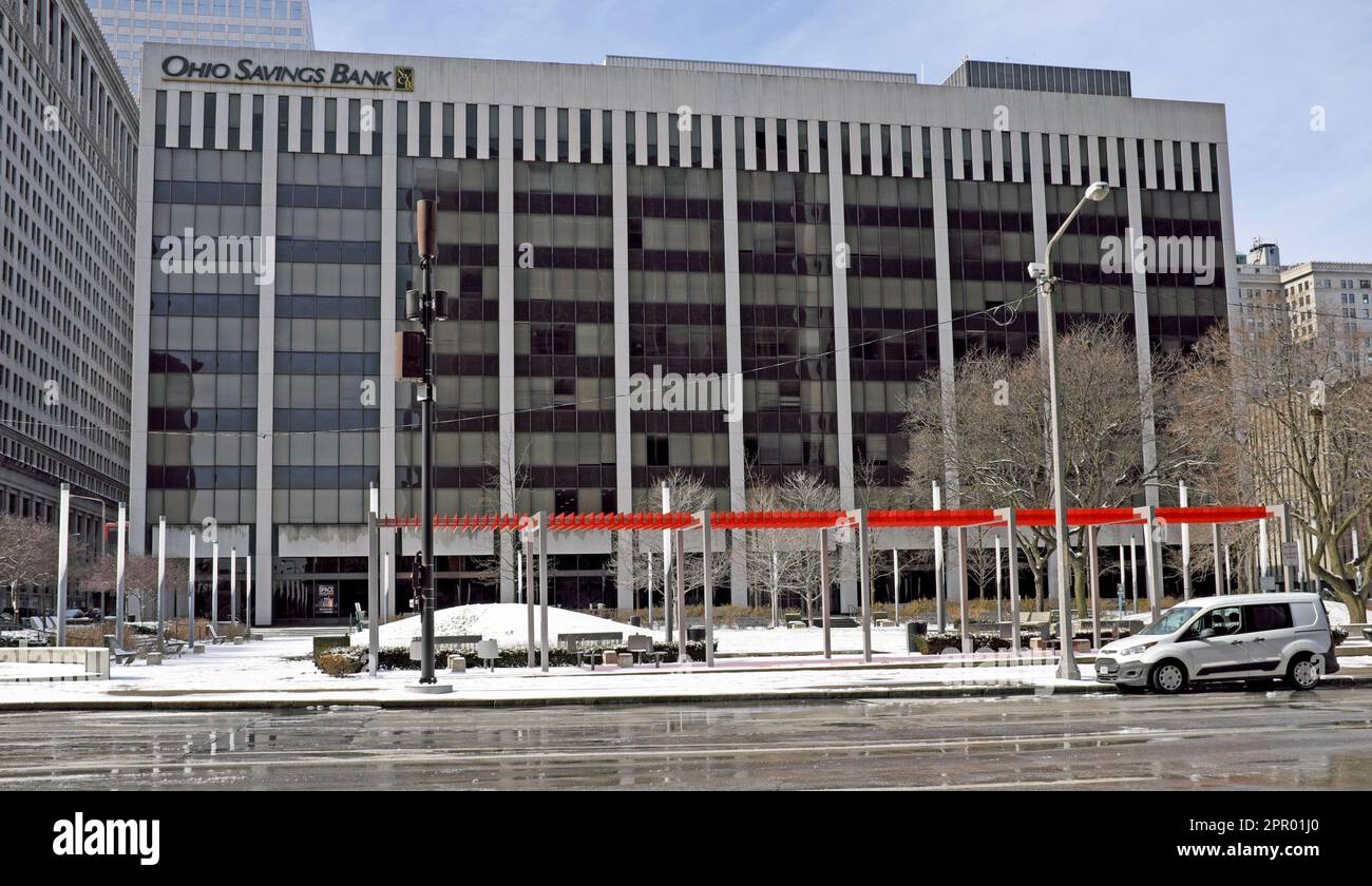Snow-covered Perk Plaza at Chester Commons with the Ohio Savings Bank ...